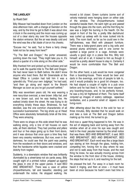 THE LANDLADY by Roald Dahl Billy Weaver had ... - Gigers.com