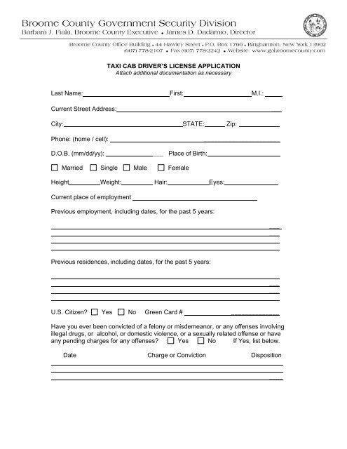 TAXI CAB DRIVER'S LICENSE APPLICATION - Broome County