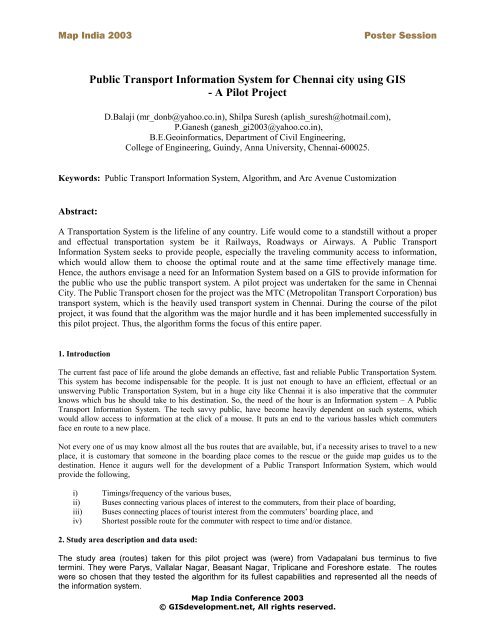 Public Transport Information System for Chennai city using GIS - A ...