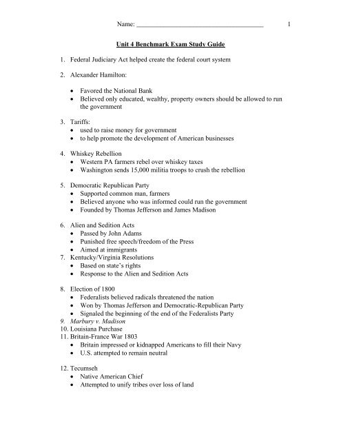 Unit 4 Benchmark Exam Study Guide