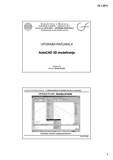 UPORABA RAČUNALA AutoCAD 3D modeliranje