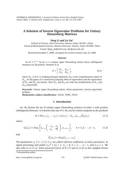 A Solution of Inverse Eigenvalue Problems for Unitary Hessenberg ...