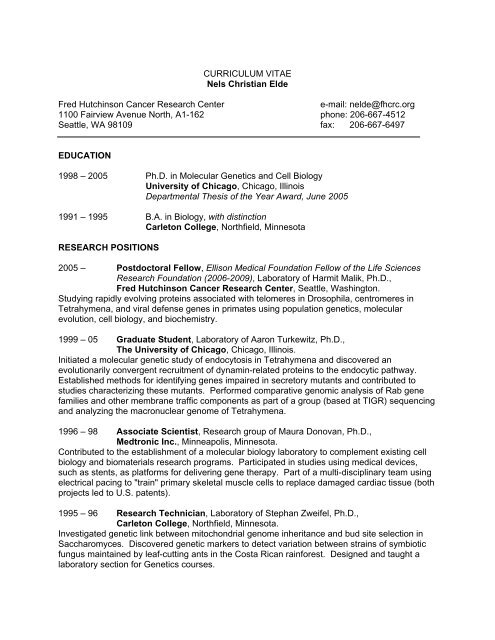 CURRICULUM VITAE Nels Christian Elde Fred Hutchinson Cancer ...