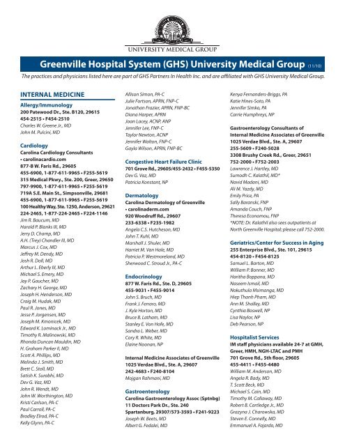 Greenville Hospital System (GHS) University Medical Group (11/10)