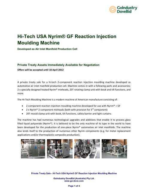 Hi-Tech USA Nyrim® GF Reaction Injection Moulding Machine