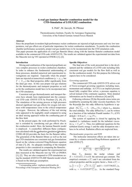 A real gas laminar flamelet combustion model for the CFD ...