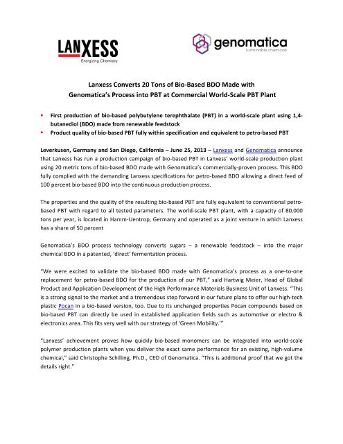 Lanxess-Converts-20-Tons-of-Bio-Based-BDO-Made ... - Genomatica