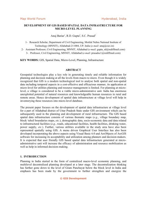 Map World Forum Hyderabad, India DEVELOPMENT OF GIS BASED SPATIAL ...