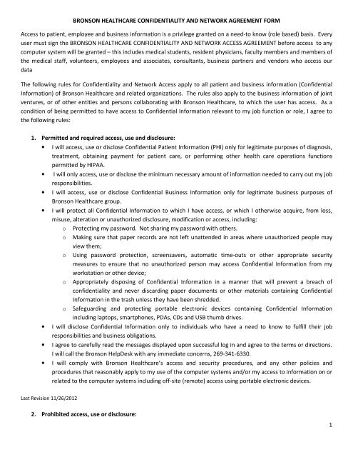 BRONSON SYSTEM ACCESS AGREEMENT FORM