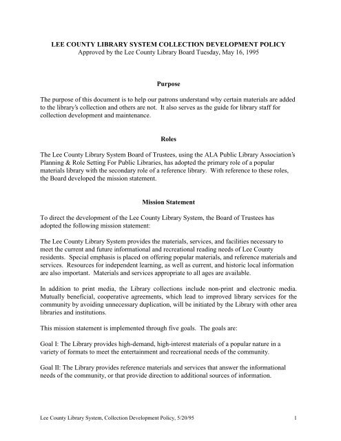 lee county library system collection development policy