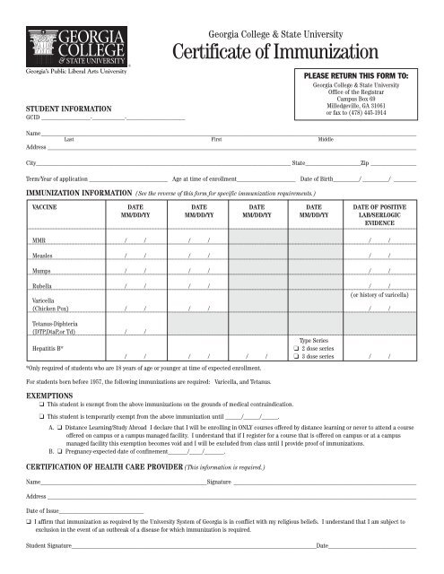 Certificate of Immunization - Georgia College & State University
