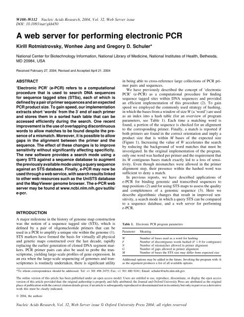 A web server for performing electronic PCR - Nucleic Acids Research