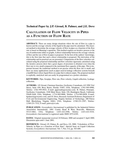CALCULATION OF FLOW VELOCITY IN PIPES - IGS - International ...