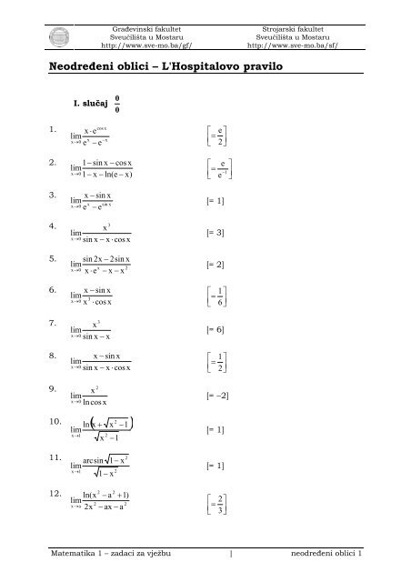 Neodređeni oblici – L'Hospitalovo pravilo - Građevinski fakultet