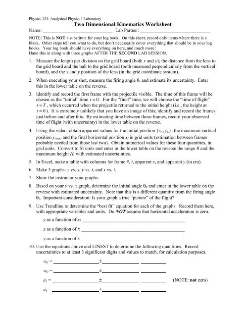 Two Dimensional Kinematics Worksheet