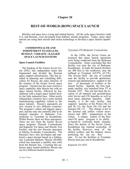 Rest-Of-World (ROW) Space Launch Systems