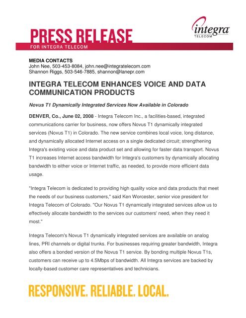 integra telecom enhances voice and data communication products
