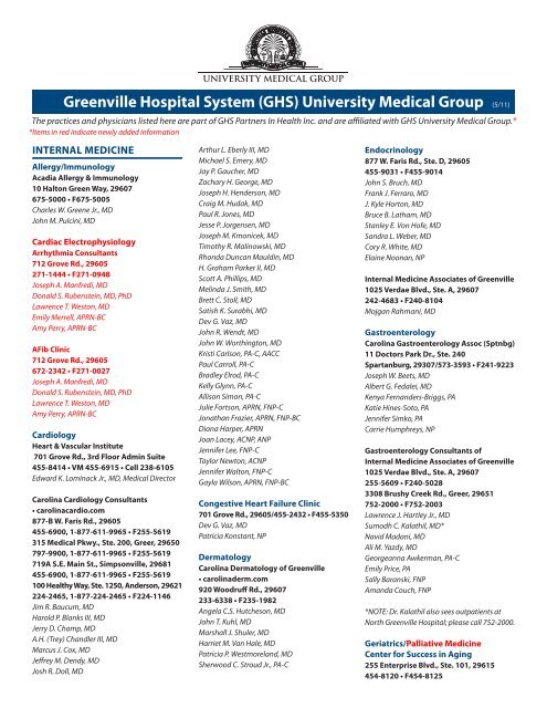 Greenville Hospital System (GHS) University Medical Group (5/11)
