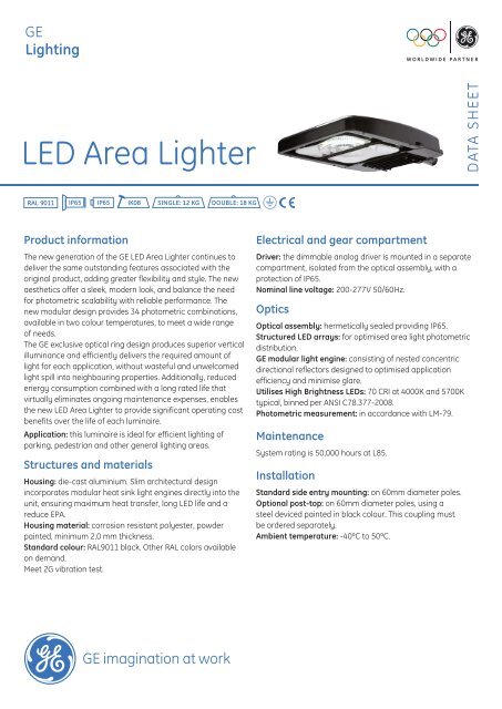LED Area Lighter Outdoor Luminaires - Data sheet - GE Lighting