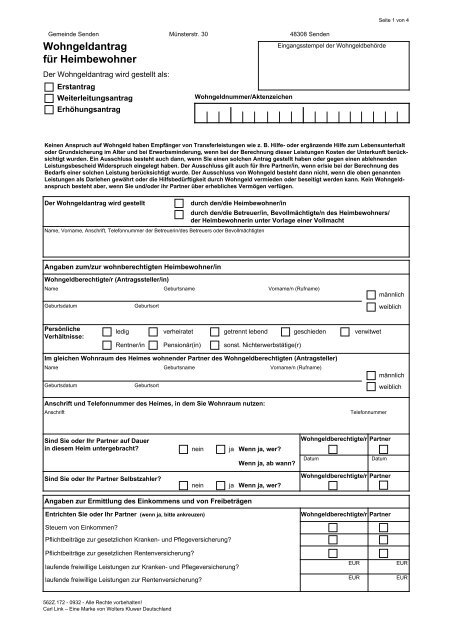 Antrag auf Gewährung von Wohngeld (Mietzuschuss) - Gemeinde ...