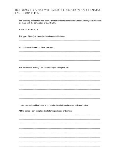proforma to assist with senior education and training plan completion