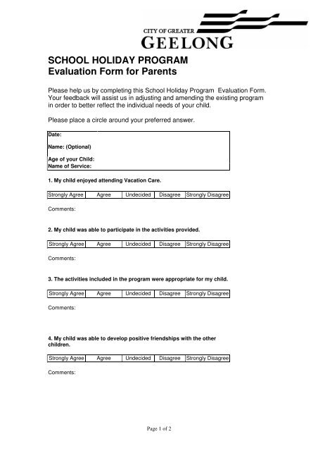 SCHOOL HOLIDAY PROGRAM Evaluation Form for Parents