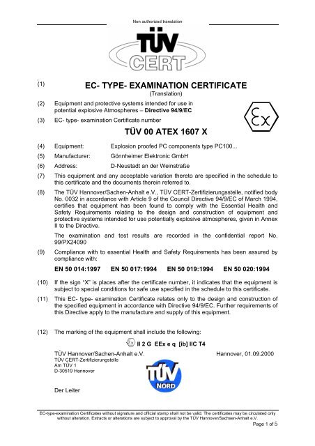 ec- type- examination certificate tüv 00 atex 1607 x - Goennheimer.de