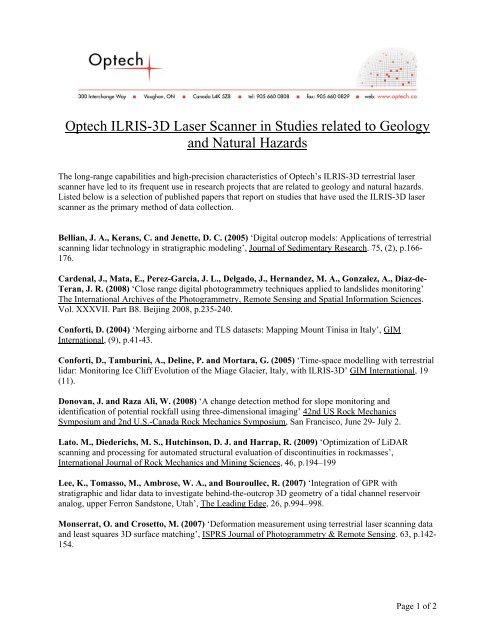 Optech ILRIS-3D Laser Scanner in Studies related to Geology and ...