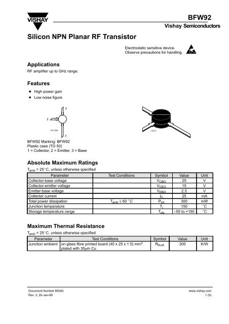 BFW92 Silicon NPN Planar RF Transistor