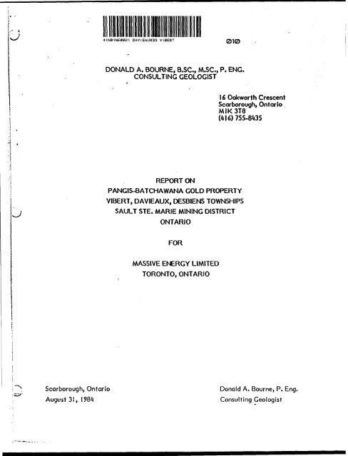 RPT ON PANGIS BATCHAWANA GOLD PROP - Geology Ontario