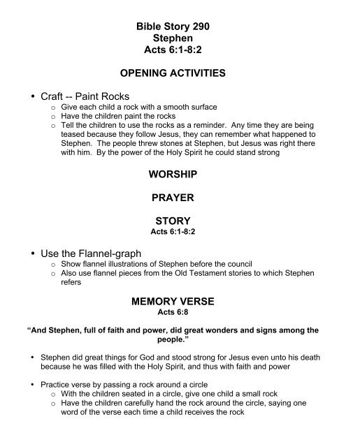 Bible Story 290 Stephen Acts 6:1-8:2 OPENING ACTIVITIES • Craft ...