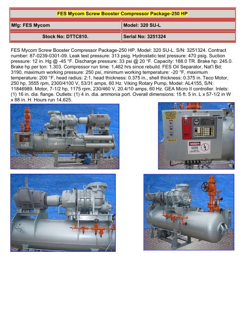 FES Mycom Screw Booster Compressor Package-250 HP Mfg: FES ...