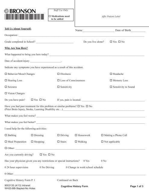 Cognitive History Form