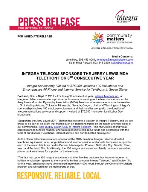 Integra Telecom Sponsors the Jerry Lewis MDA Telethon for 8th ...