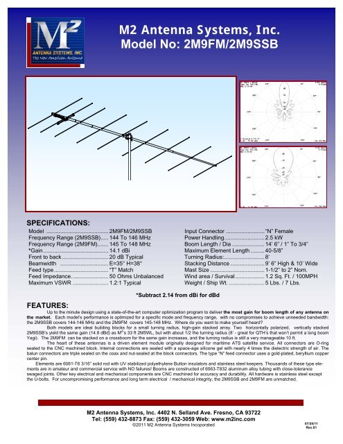M2 Antenna Systems, Inc. Model No: 2M9FM/2M9SSB