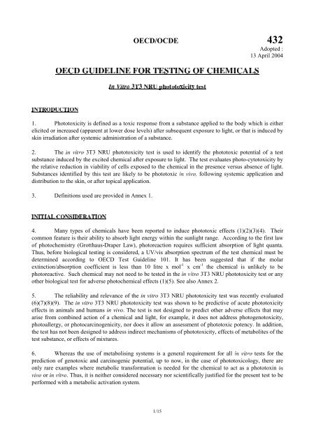OECD Test Guideline 432: In Vitro 3T3 NRU Phototoxicity Test