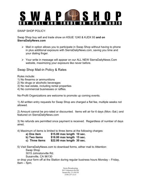 Swap Shop Mail-in Policy & Rates - SierraDailyNews.com