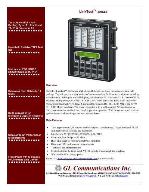 LinkTest™ SINGLE Brochure - GL Communications Inc