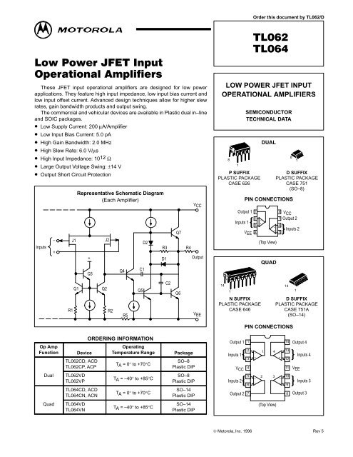 TL062 TL064 Low Power JFET Input Operational Amplifiers