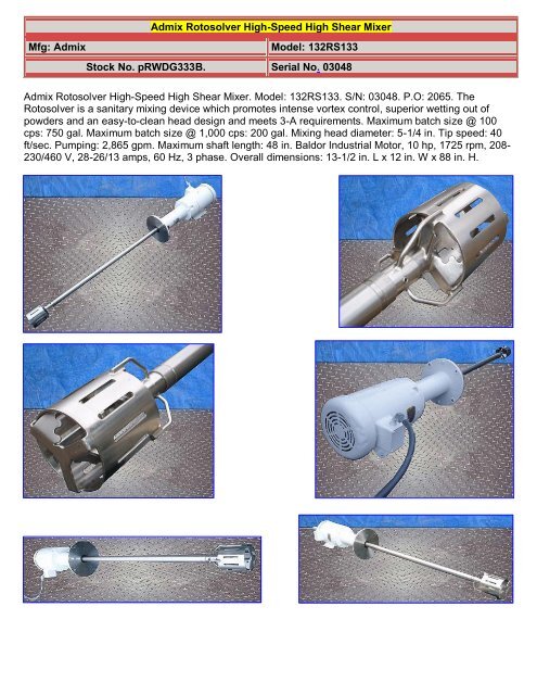 Admix Rotosolver High-Speed High Shear Mixer Mfg: Admix Model ...