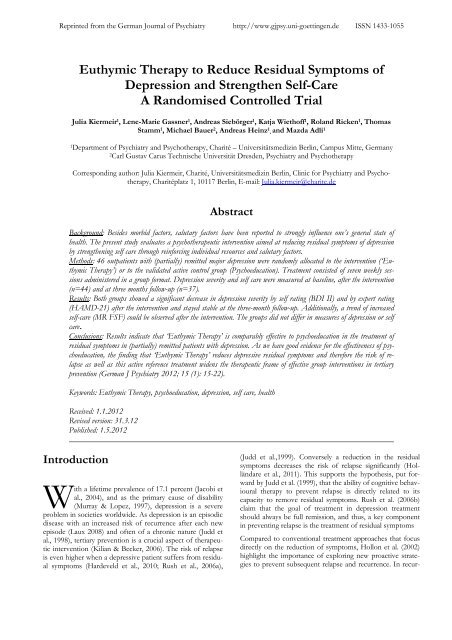 Euthymic Therapy to Reduce Residual Symptoms of Depression ...