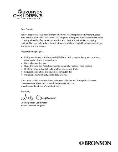 "Be Smart About Your Heart" Parent Letter - Bronson Total Health Care