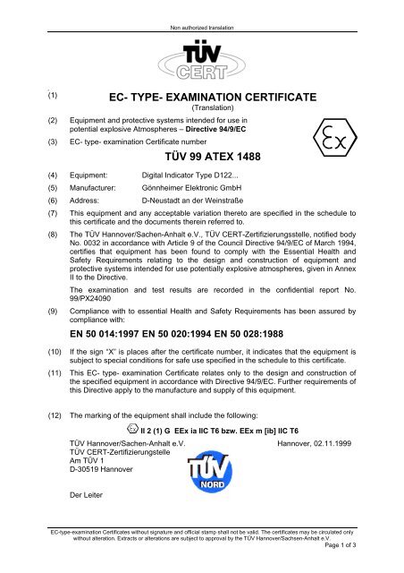 ec- type- examination certificate tüv 99 atex 1488 - Goennheimer.de