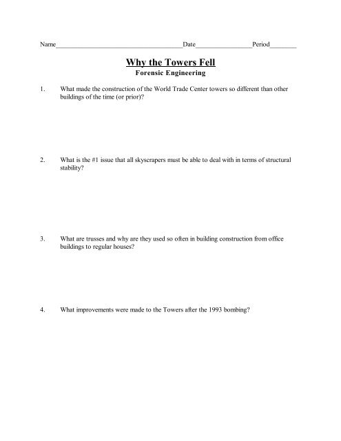 Video Worksheet: Why the Towers Fell - Geochief.org