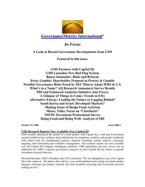 GovernanceMetrics International® In Focus - GMI Ratings