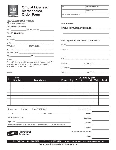 Official Licensed Merchandise Order Form - GM Canada