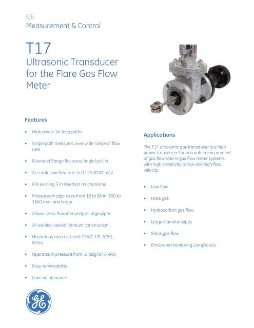 T17 Ultrasonic Transducer For Flare Gas Flow Meter - GE ...