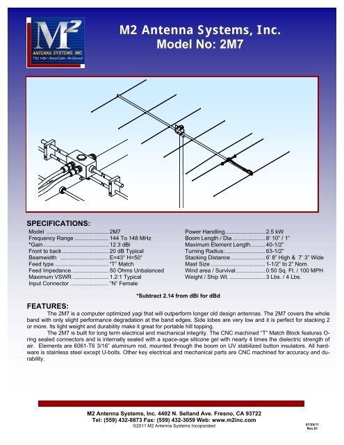 M2 Antenna Systems, Inc. Model No: 2M7
