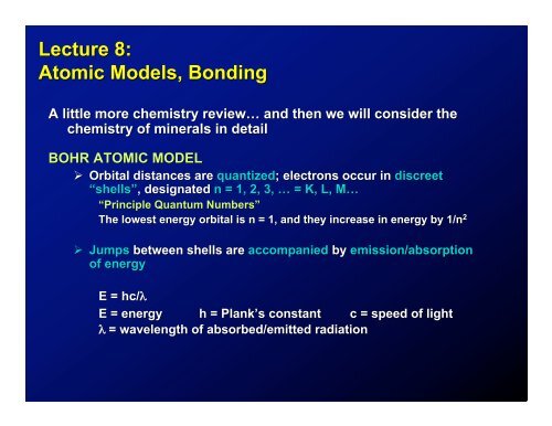 Lecture 8: Atomic Models, Bonding