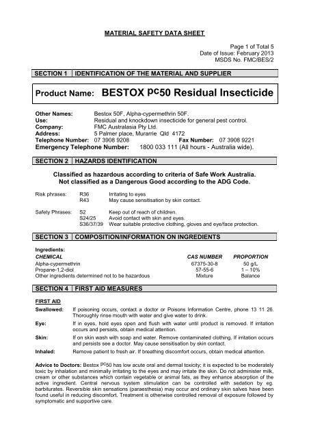 Bestox PC50 Residual Insecticide MSDS - FMC Australasia Pty Ltd